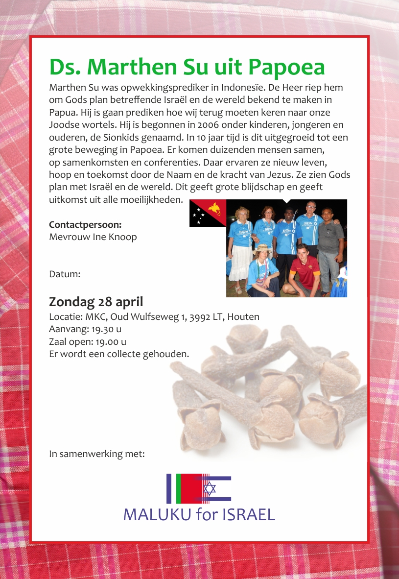 28 april 2018: spreekbeurt Ds. Marthen Su - Maluku for Israel